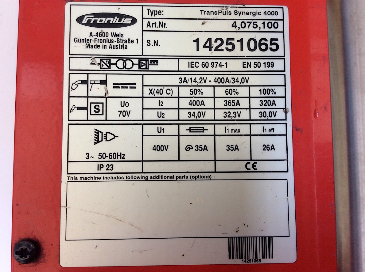 Set Fronius Schweißgerät TransPuls Synergic 4000, Netzkabel, Kühlgerät ...