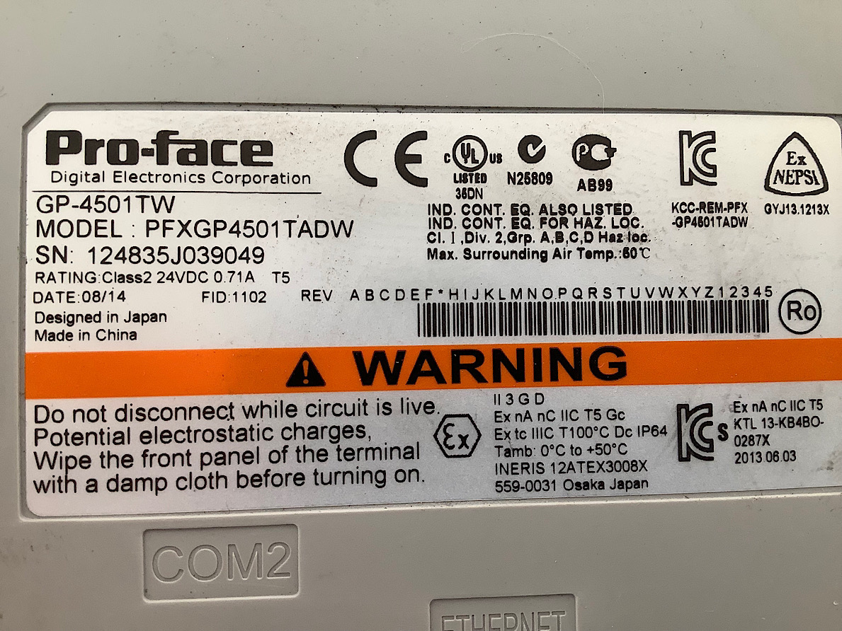 PRO-FACE GP-4501TW, Model: PFXGP4501TADW LCD HMI-Touchscreen, 24VDC